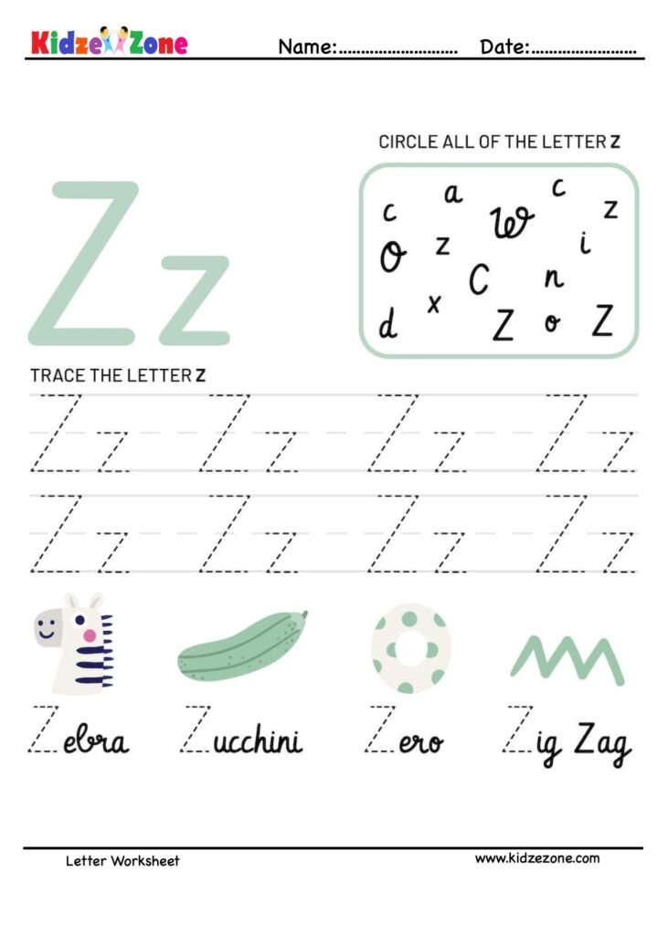 Letter Z Tracing And Fun Worksheet KidzeZone - Letter Tracing Worksheets