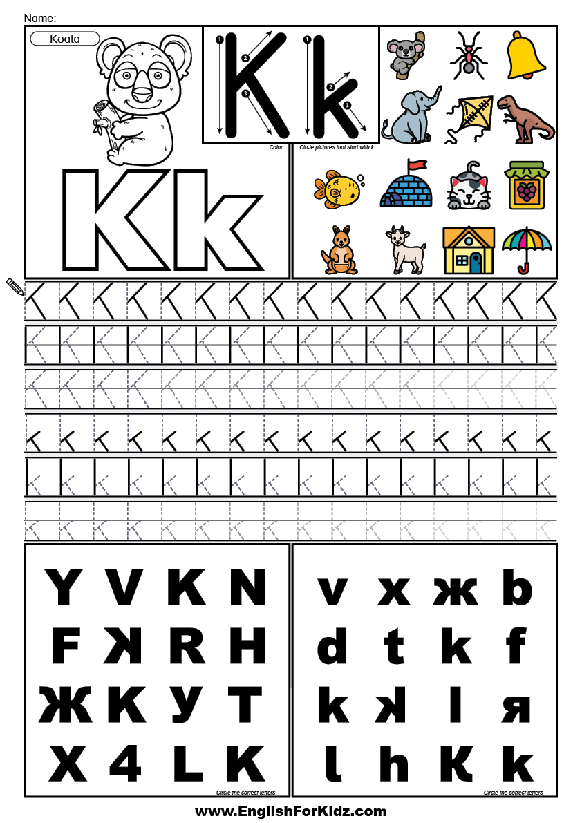 English For Kids Step By Step Letter K Worksheets Flash Cards Coloring